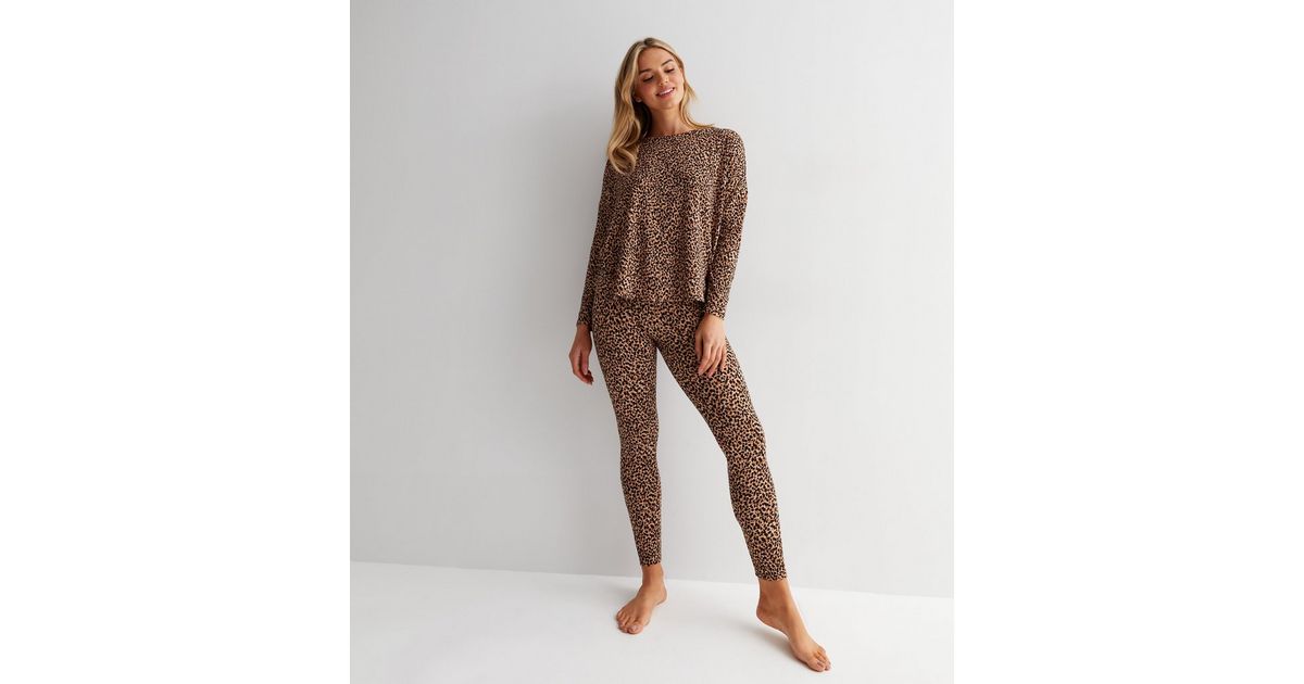 Brown Soft Touch Legging Pyjama Set with Animal Print | New Look