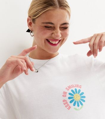 White Keep on Smiling Front and Back Floral Logo T-Shirt | New Look