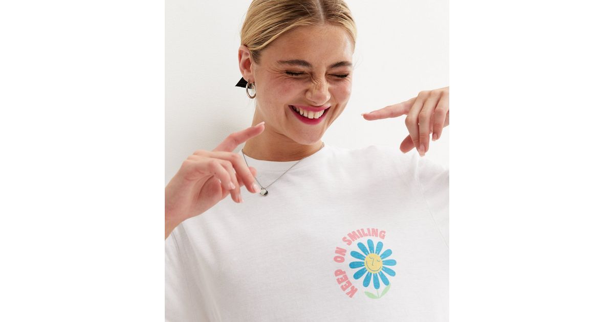 White Keep on Smiling Front and Back Floral Logo T-Shirt | New Look