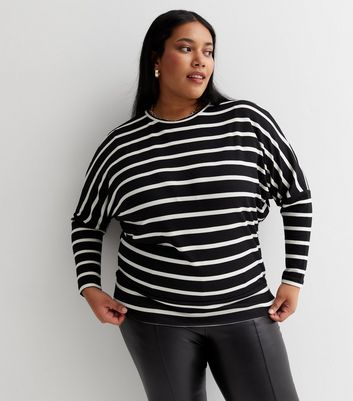 Curves Black Stipe Fine Knit Deep Hem Top | New Look