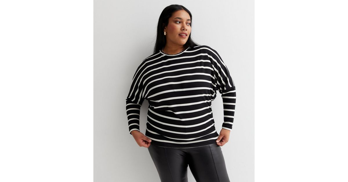 Curves Black Stipe Fine Knit Deep Hem Top | New Look