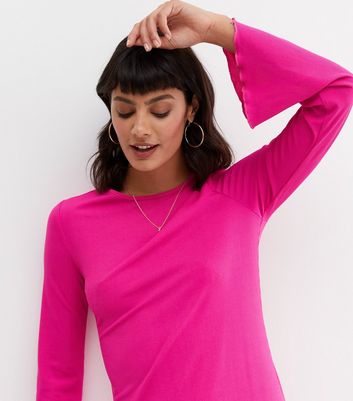 Bright Pink Ribbed Flared Sleeve Midi Dress | New Look