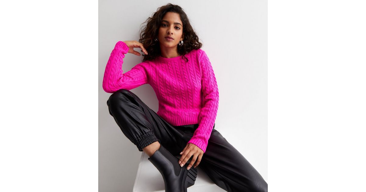 Petite Bright Pink Cable Knit Crew Neck Jumper | New Look