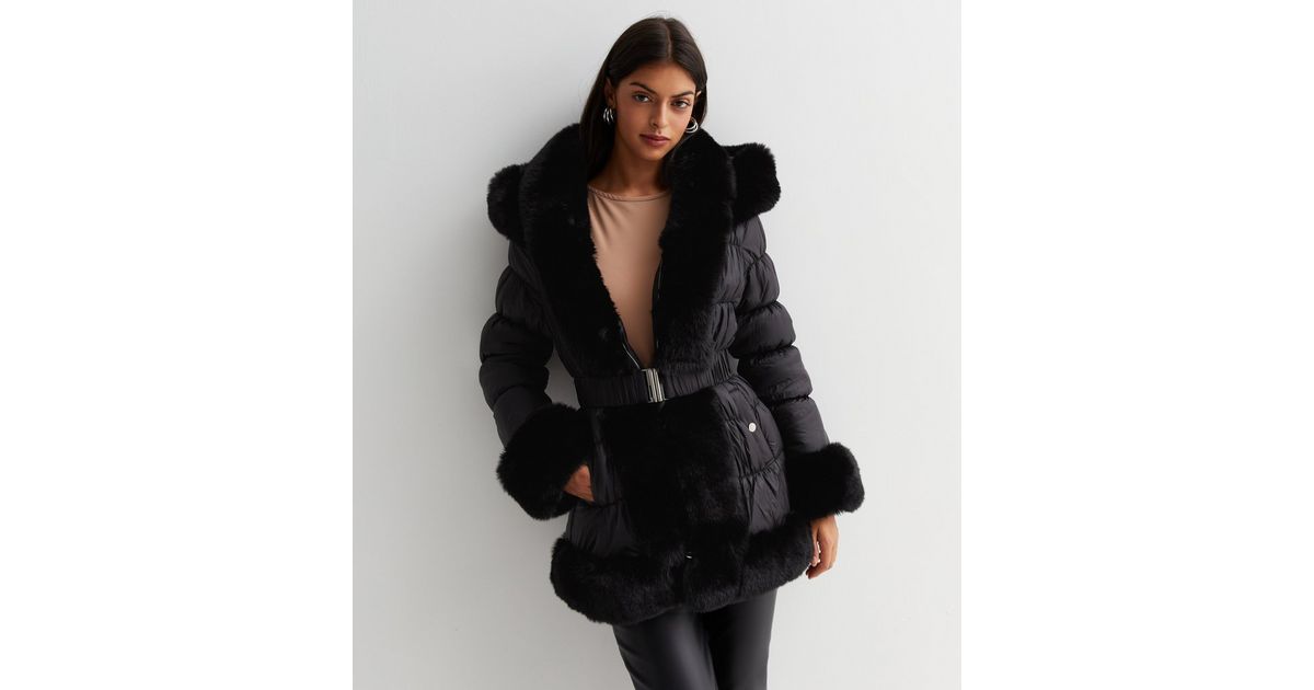 Cameo Rose Black Faux Fur Trim Belted Hooded Puffer Coat | New Look
