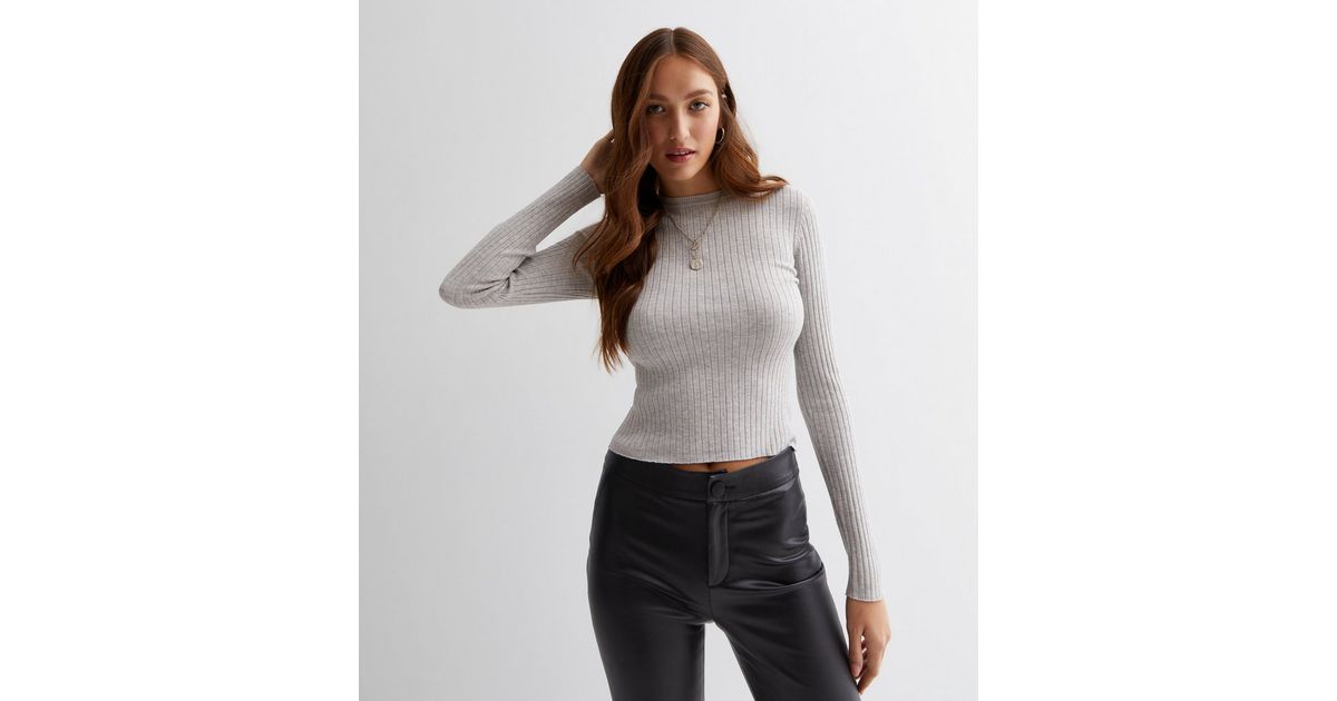 Pale Grey Ribbed Knit Crew Neck Top | New Look