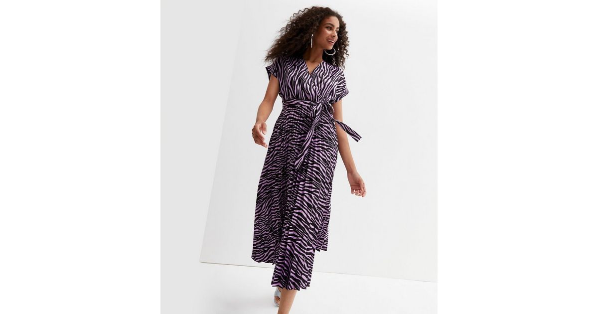 Purple Zebra Print Satin V Neck Pleated Midi Dress | New Look