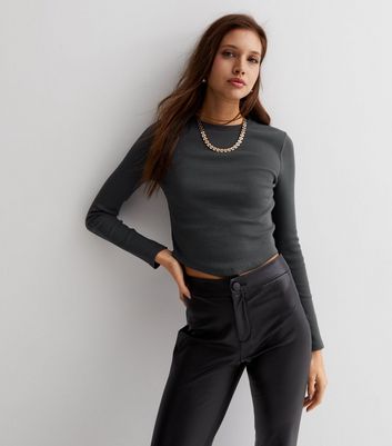 Dark Grey Long Sleeve Scoop Hem Long Sleeve Top | New Look