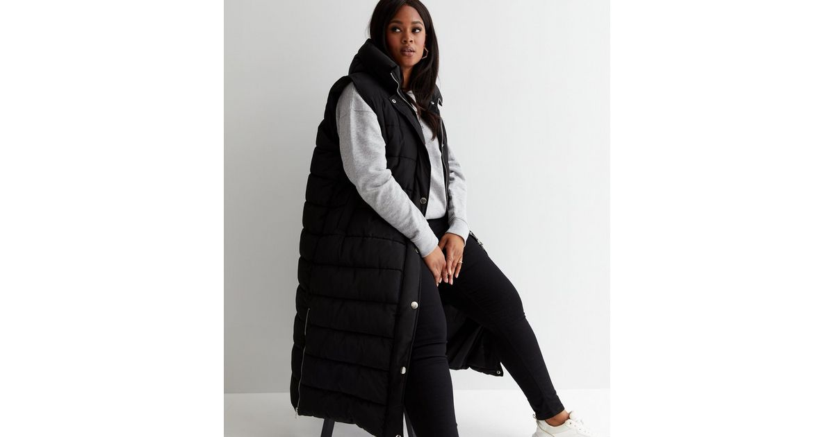 Blue Vanilla Curves Black Long Hooded Puffer Gilet | New Look