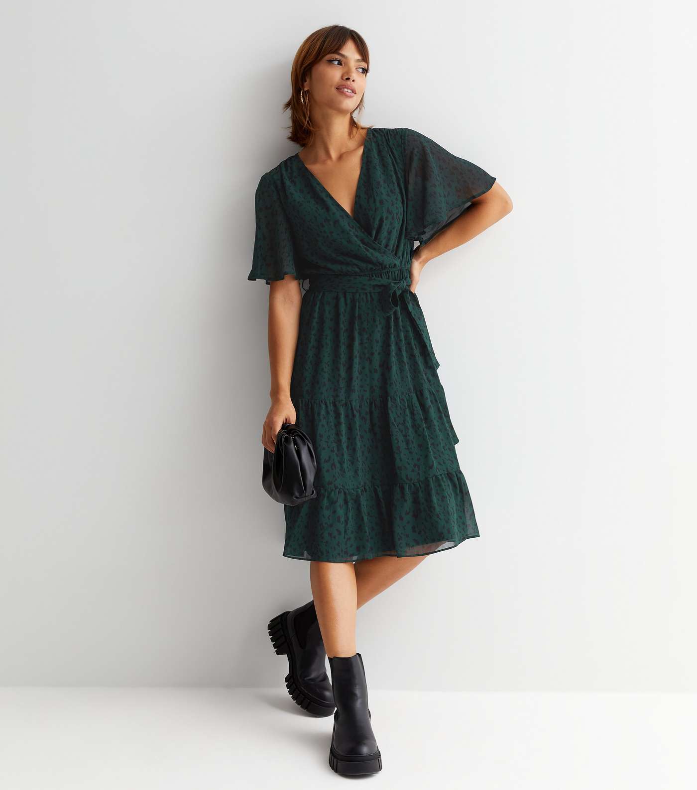 Blue Vanilla Dark Green Leopard Print Chiffon Midi Wrap Dress New Look