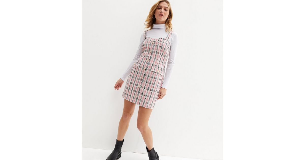 Pink Check Bouclé Faux Pearl Button Strappy Pinafore Dress | New Look