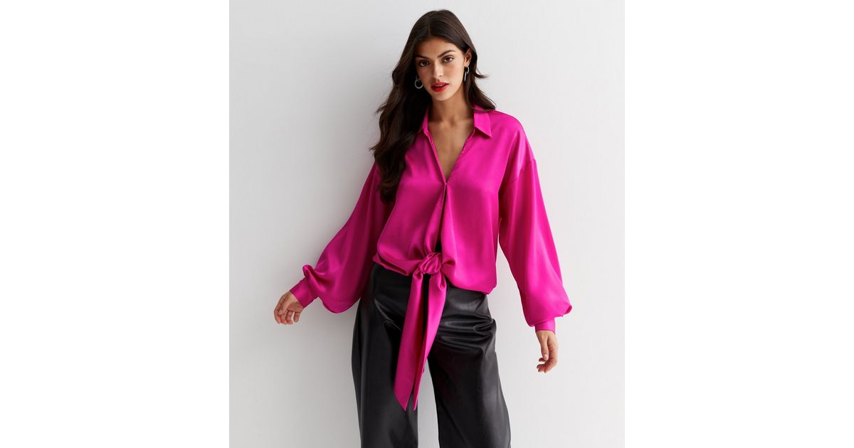 Bright Pink Satin Collared Long Sleeve Multiway Top | New Look