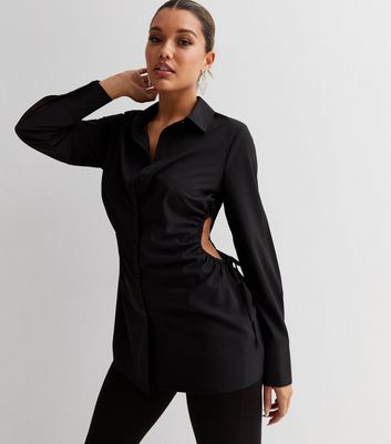 Black Collared Long Sleeve Ruched Cut Out Long Shirt | New Look