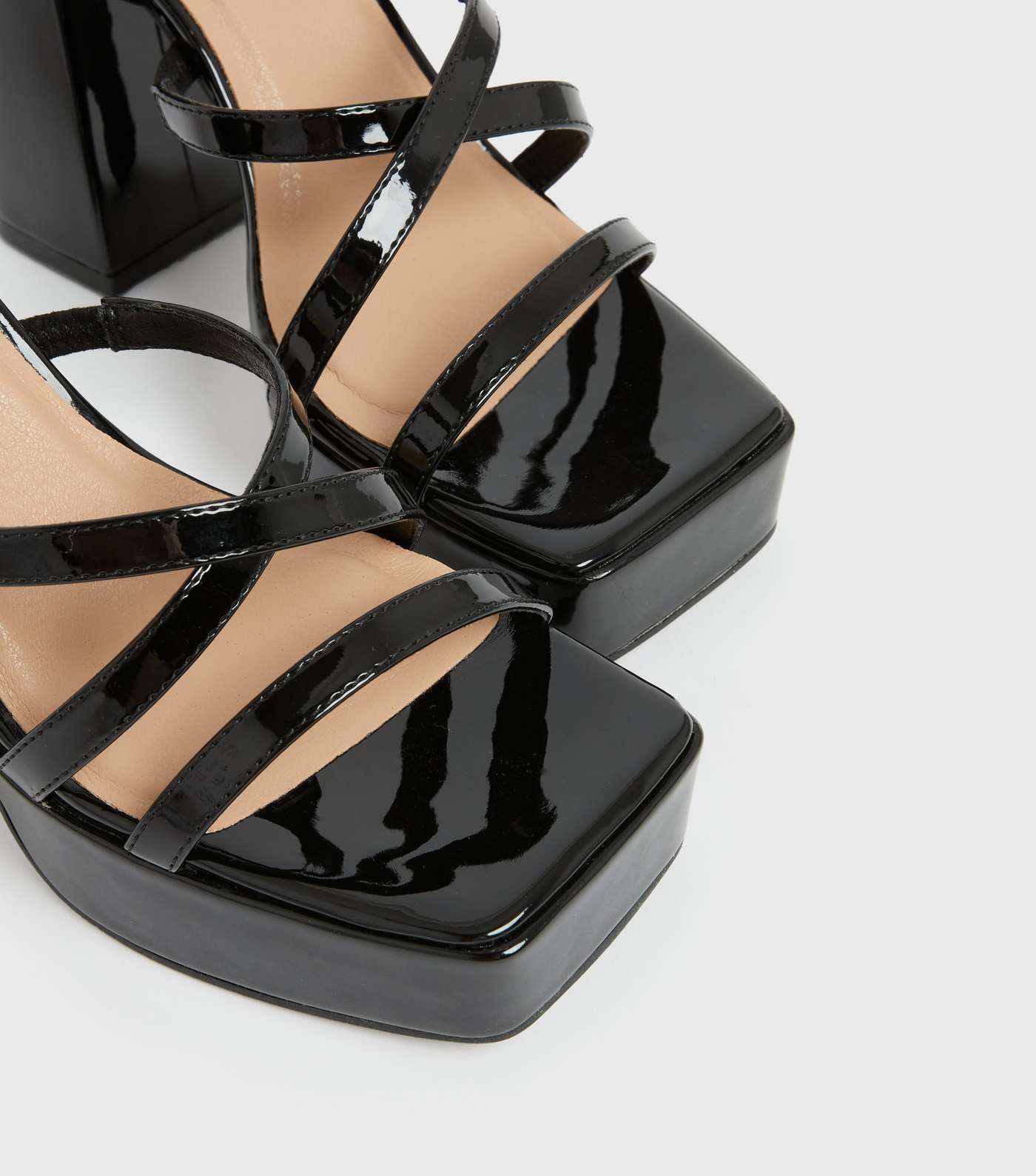 Black Patent Strappy Platform Block Heel Sandals New Look