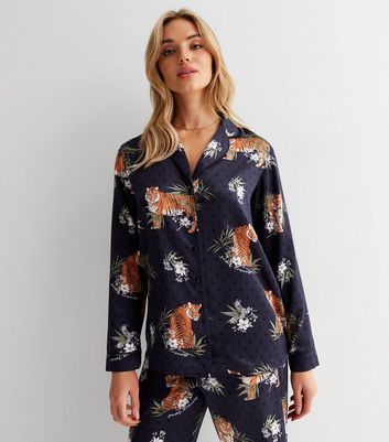 Blue Satin Shirt Pyjama Set with Tiger Print | New Look