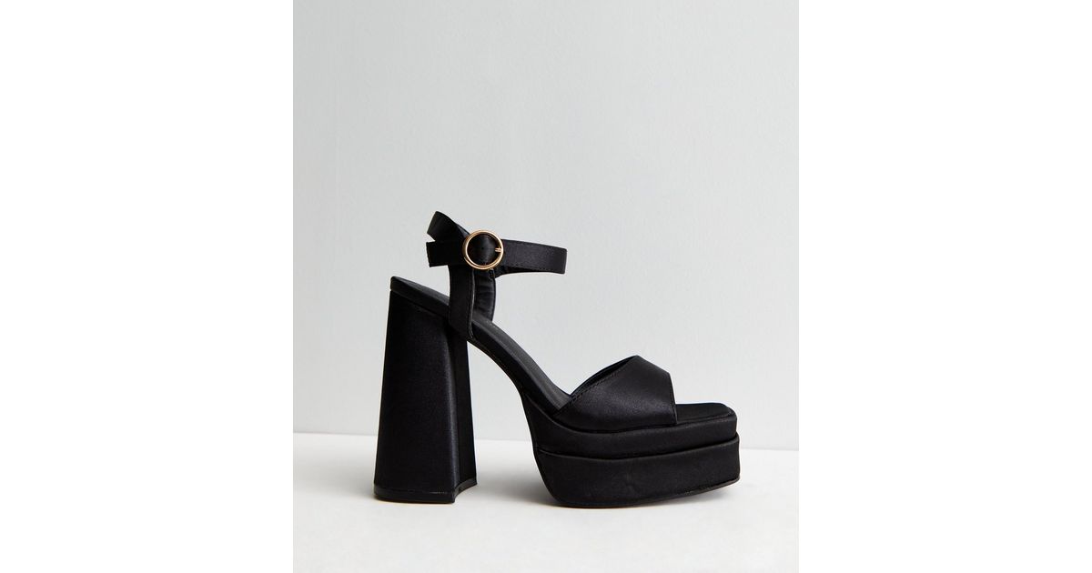 Black Satin Block Heel Platform Sandals New Look