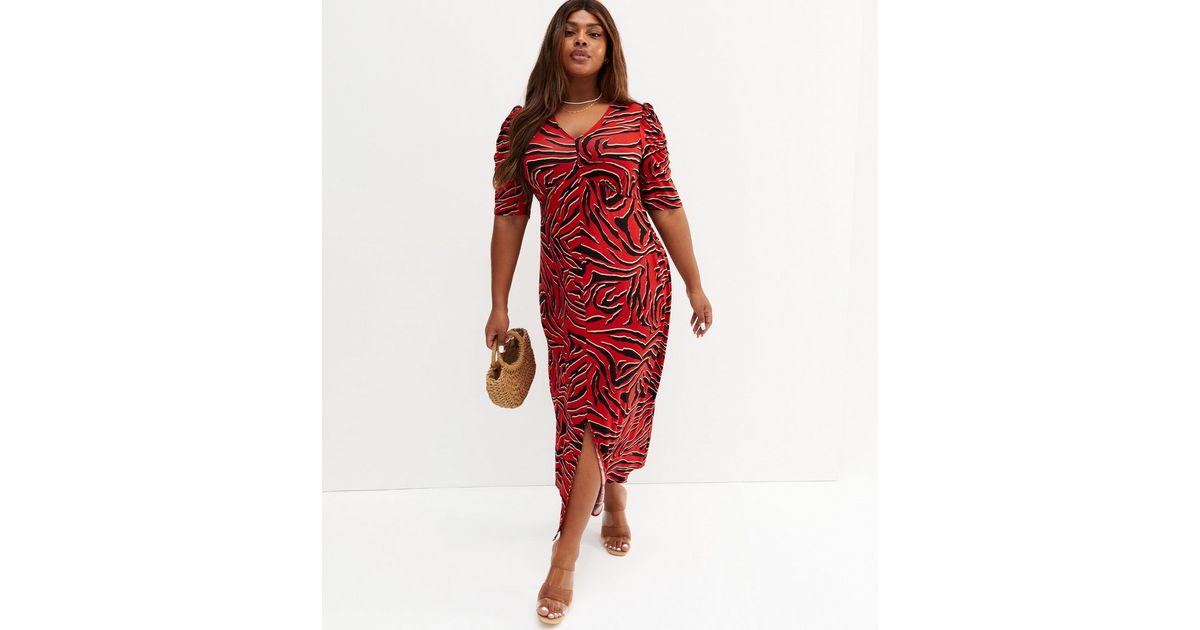 Curves Red Zebra Print Ruched Puff Sleeve Midi Dress | New Look