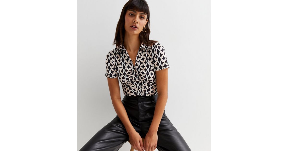 Black Geometric Ruched Button Front Short Sleeve Bodysuit | New Look