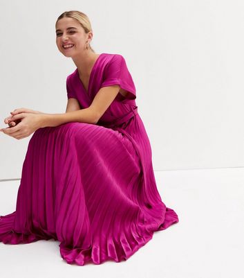 Deep Pink Satin Pleated Midi Wrap Dress | New Look