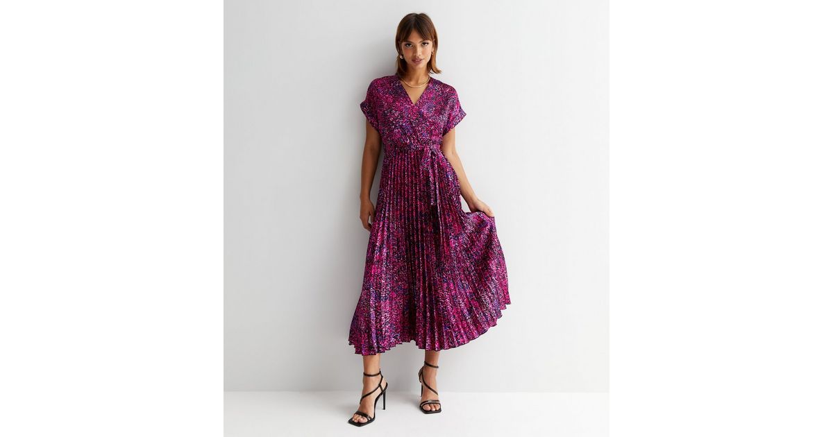 Pink Mark Making Satin Pleated Midi Wrap Dress | New Look