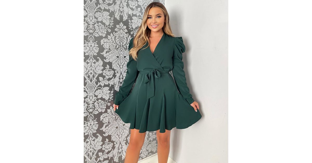 AX Paris Teal V Neck Long Sleeve Tie Waist Mini Skater Dress | New Look