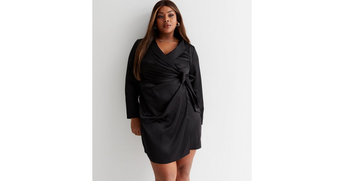 Curves Black Satin Shawl Collar Mini Wrap Dress | New Look