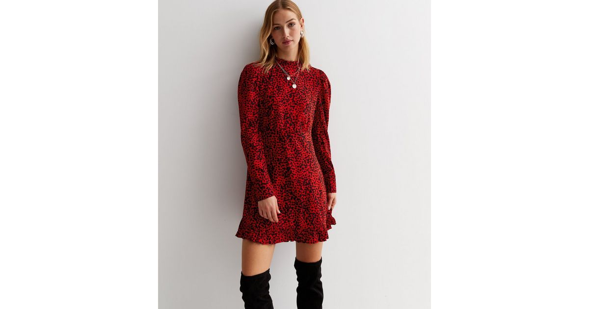 Red Abstract Print High Neck Long Sleeve Mini Dress New Look