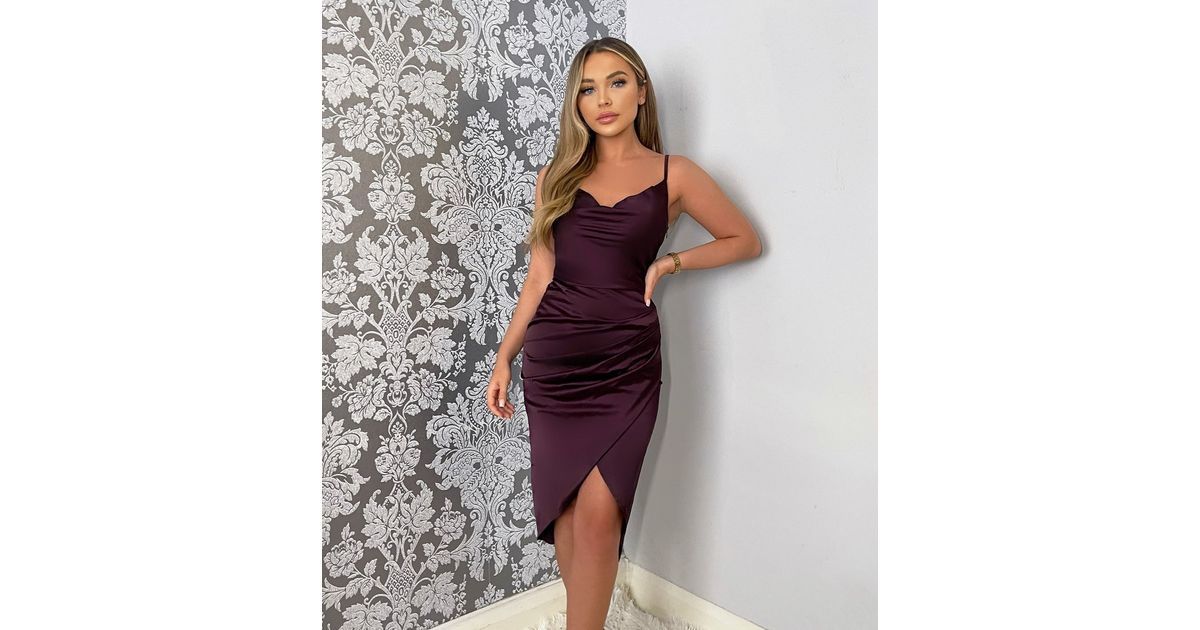 AX Paris Dark Purple Satin Cowl Neck Midi Bodycon Wrap Dress | New Look