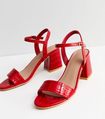 Red Croc Block Heel Sandals | New Look