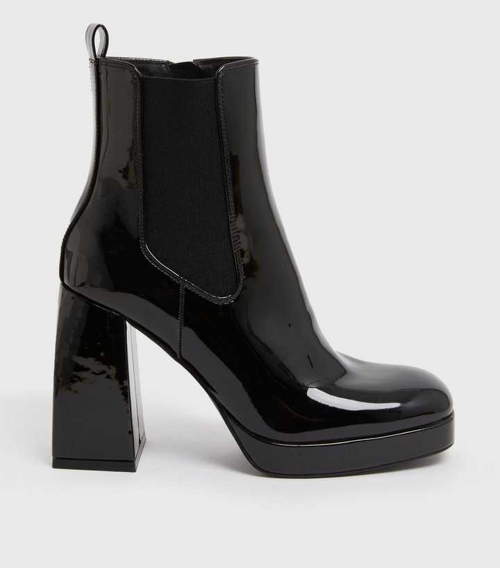 Black Patent Square Toe Block Heel Chelsea Boots | New Look