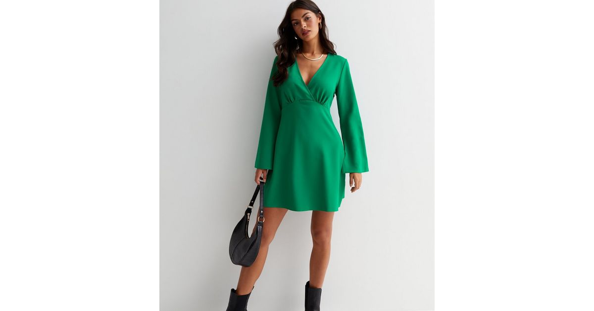 Green Long Wide Sleeve Mini Tunic Wrap Dress | New Look