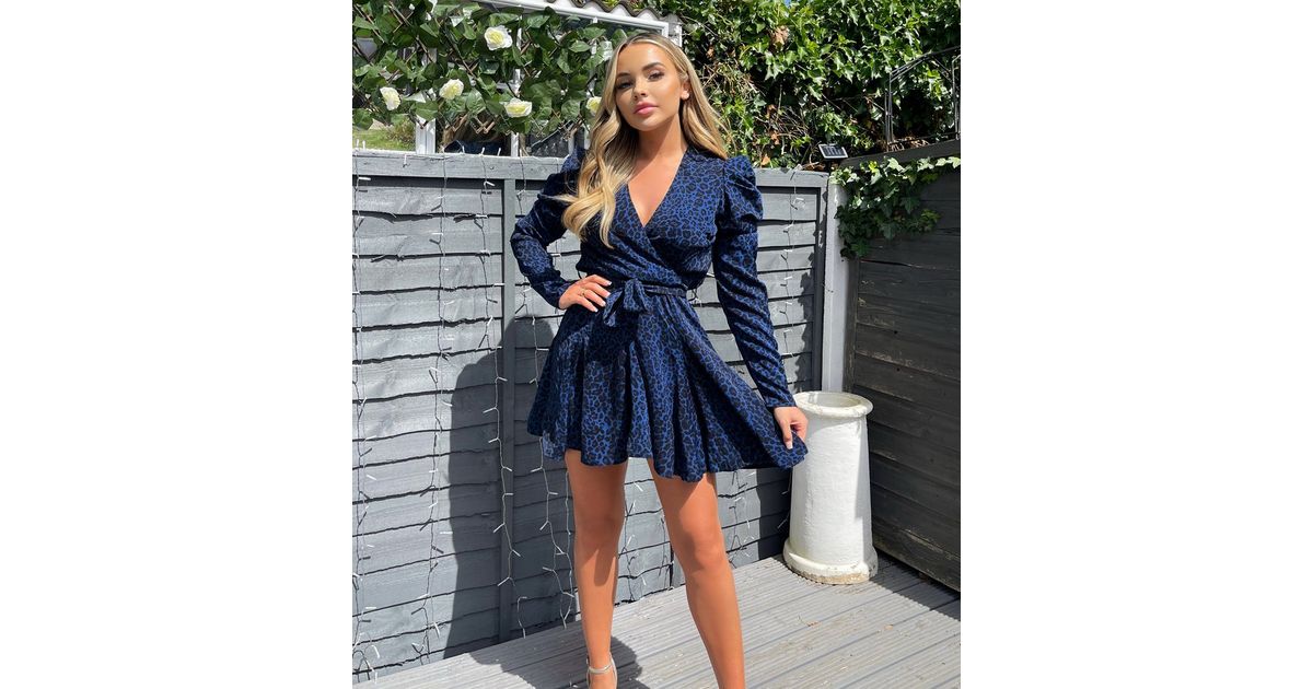 Ax Paris Blue Leopard Print Mini Wrap Skater Dress New Look