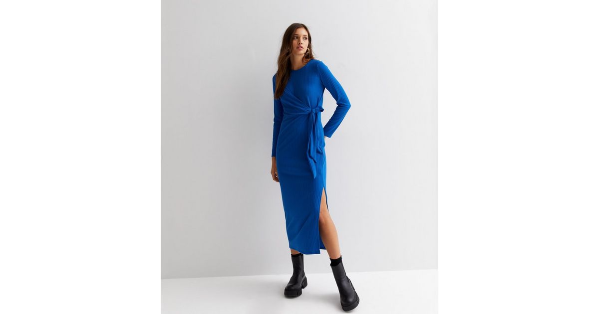Bright Blue Ribbed Jersey Tie Side Long Sleeve Midi Dress | New Look