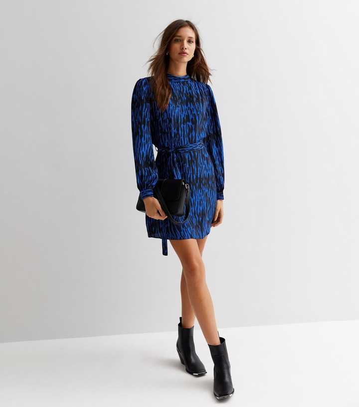 Blue Mark Making Long Sleeve Belted Mini Dress | New Look