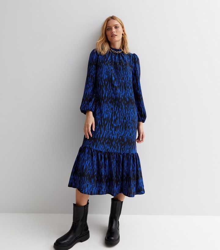 Blue Mark Making High Neck Long Sleeve Midi Smock Dress | New Look
