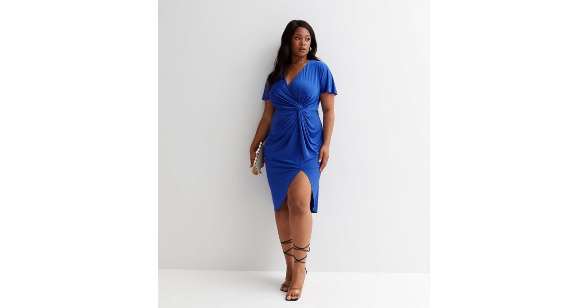 Curves Bright Blue Twist Side Midi Wrap Dress | New Look