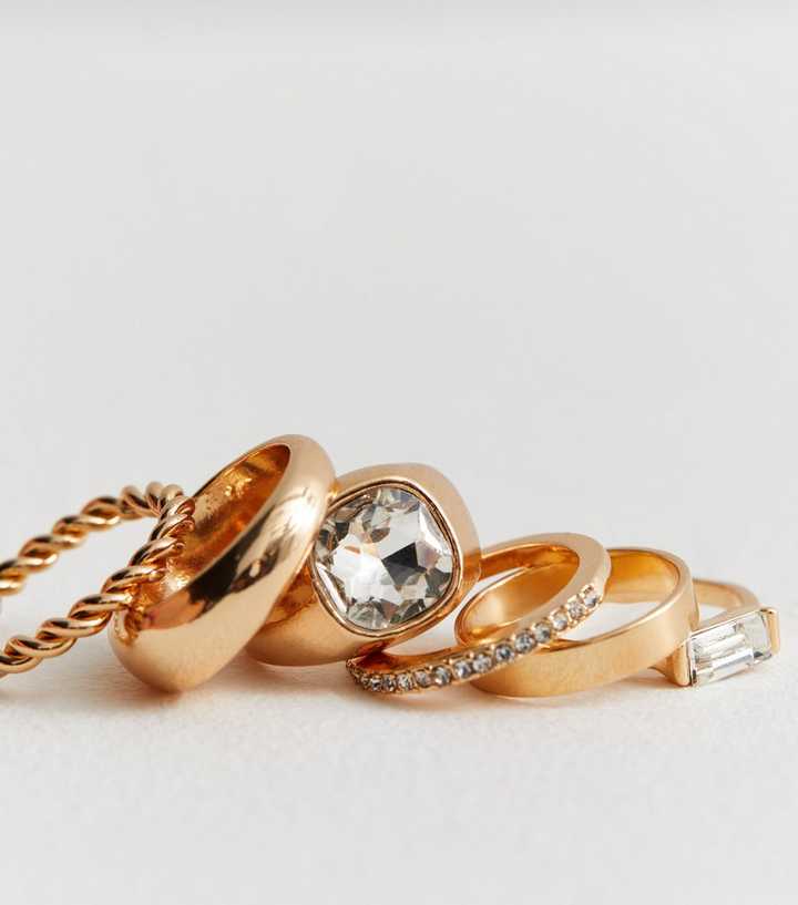 6 Pack Crystal Large Stone Chunky Rings | New Look