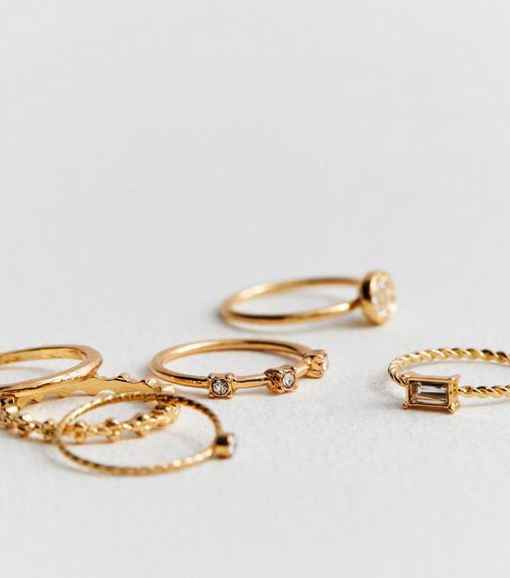 6 Pack Gold Diamanté Stacking Rings | New Look