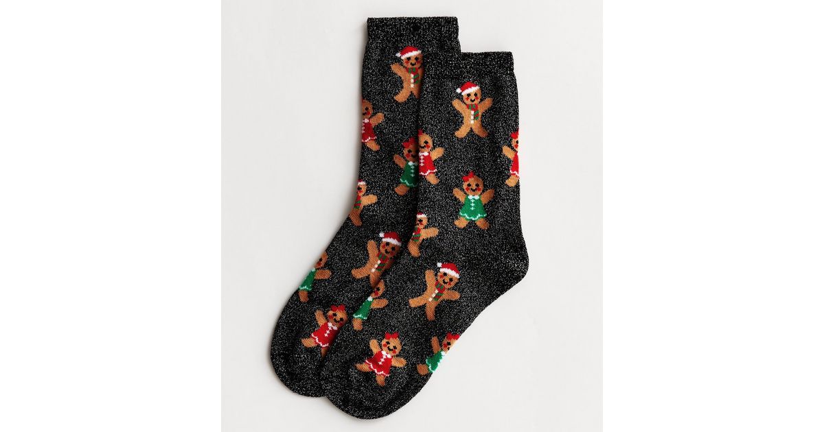 Black Gingerbread Glitter Christmas Socks | New Look