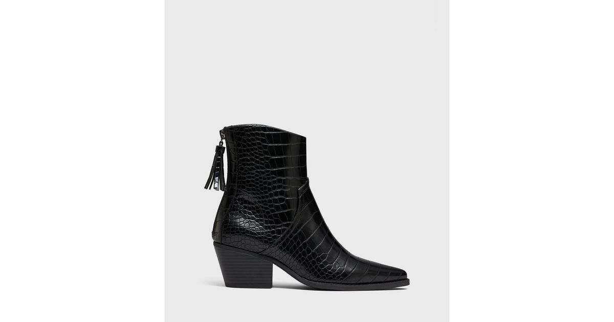 London Rebel Black Faux Croc Block Heel Tassel Western Boots | New Look