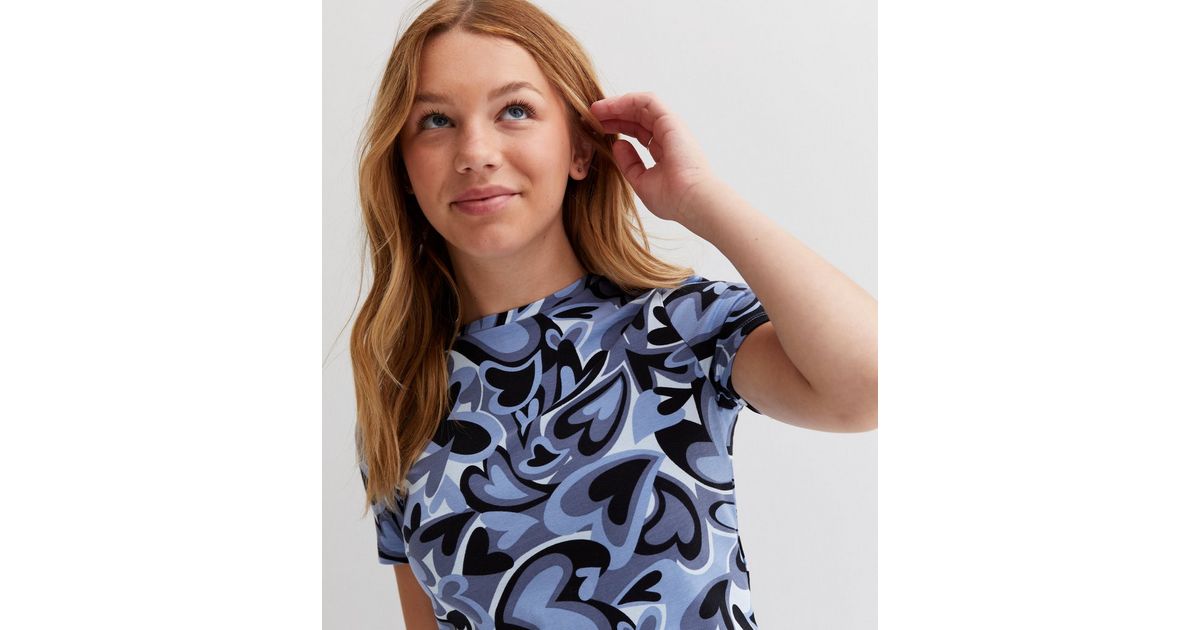 Girls Blue Heart Doodle Print Hanky Hem Top | New Look