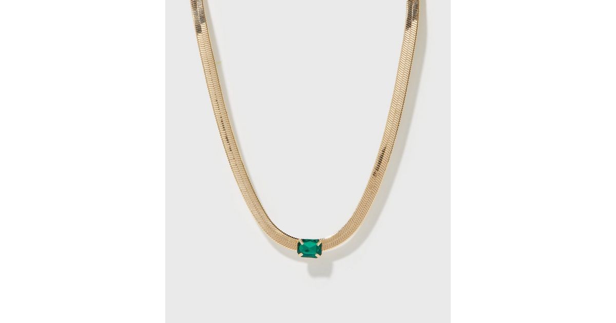 Dark Green Gem Snake Chain Necklace | New Look