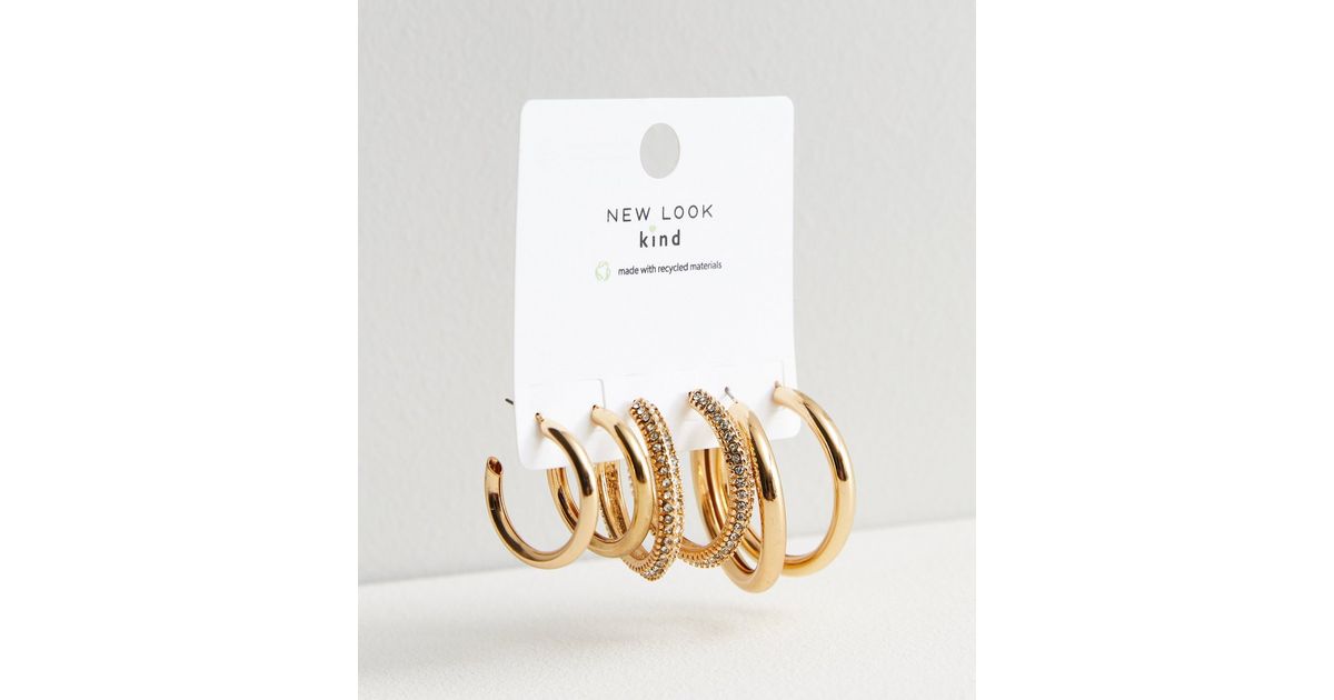 3 Pack Gold Diamanté Chunky Hoop Earrings | New Look