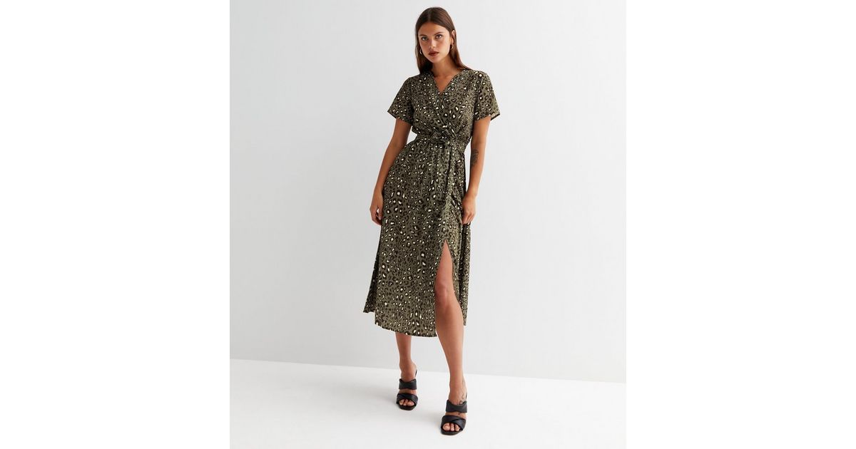 Gini London Olive Leopard Print Midi Wrap Dress | New Look