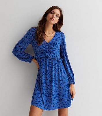 Blue Spotty V Neck Ruched Mini Dress | New Look