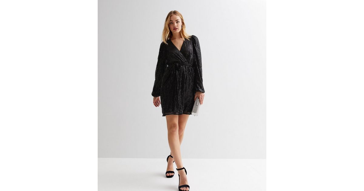 Gini London Black Sequin V Neck Long Sleeve Belted Mini Wrap Dress ...