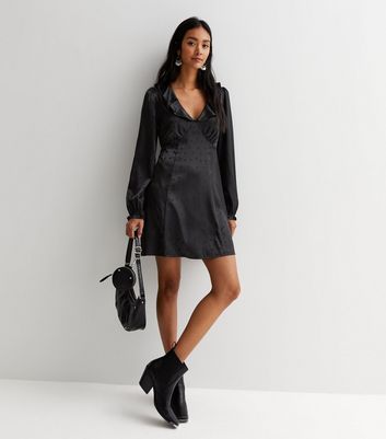 Black Satin Jacquard Ruffle V Neck Mini Dress | New Look