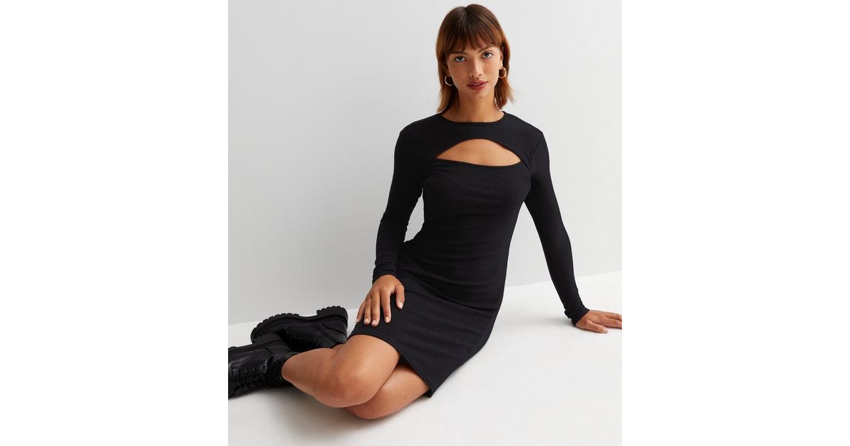 Black Ribbed Jersey Cut Out Bodycon Mini Dress | New Look