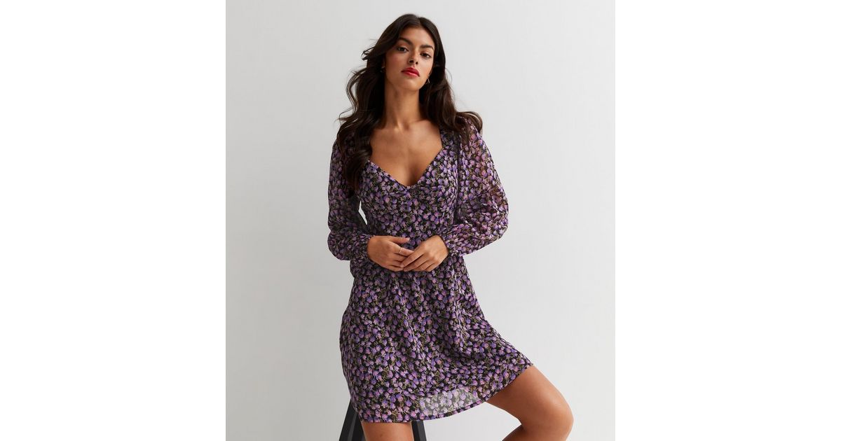Purple Rose Chiffon Long Puff Sleeve Milkmaid Mini Dress New Look
