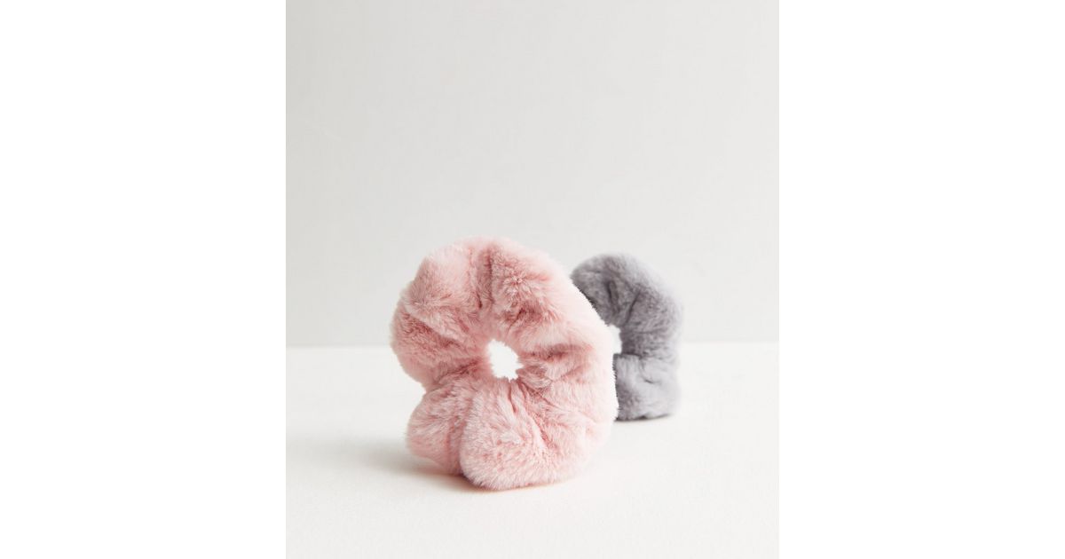 2 Pack Pink and Grey Faux Fur Scrunchies | New Look