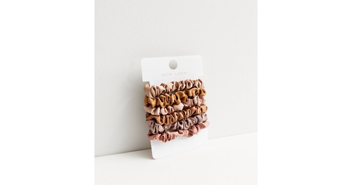 6 Pack Brown and Pink Satin Mini Scrunchies | New Look